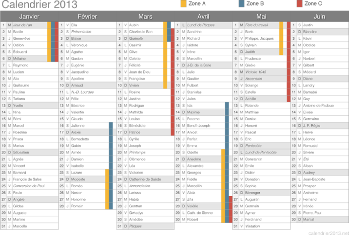 Calendrier 2013 Excel - par semestre avec vacances et fêtes
