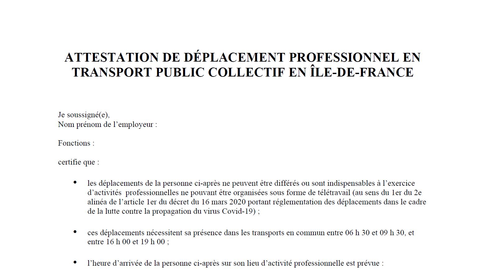 Attestation de déplacement en transport en commun durant les heures de ...