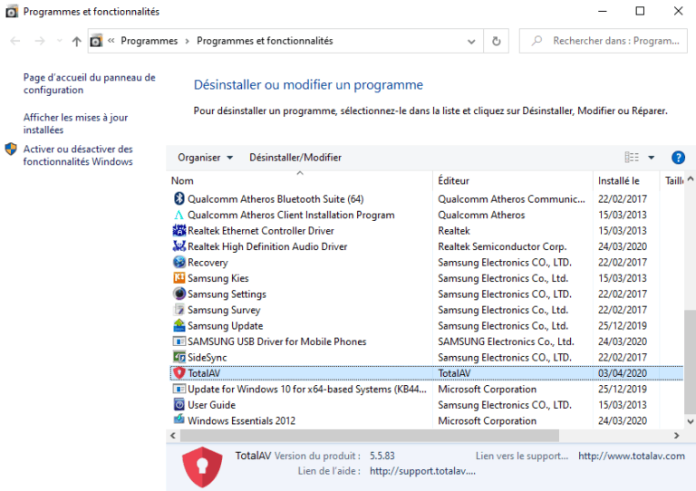 Comment désinstaller Total AV sur Windows